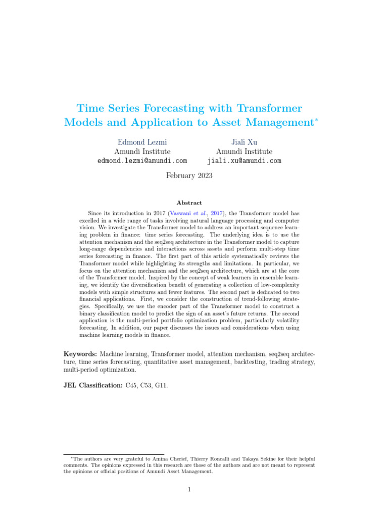 Time Series Forecasting With Transformer Models and Application To Asset Management | PDF | Time ...