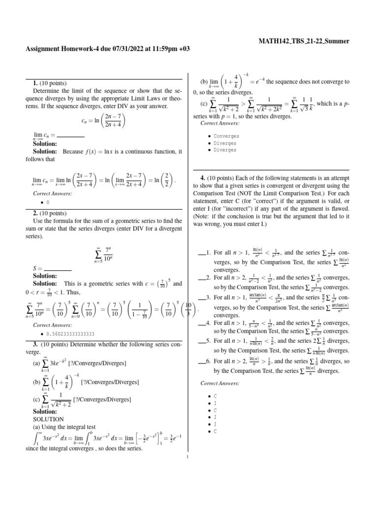 MATH142 TBS 21-22 Summer..Homework-4 | PDF | Integral | Series ...