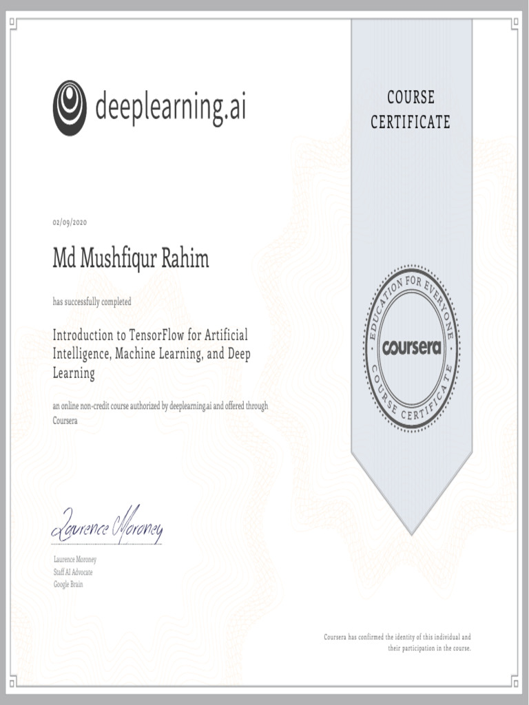 Coursera R3CNY8NVBED6Introduction To TensorFlow For Artificial ...