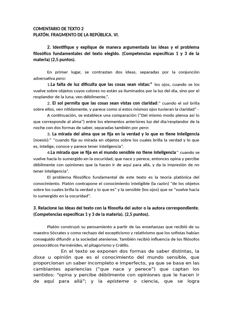 Comentario de Texto Platón 2 | PDF | Platón | Conocimiento
