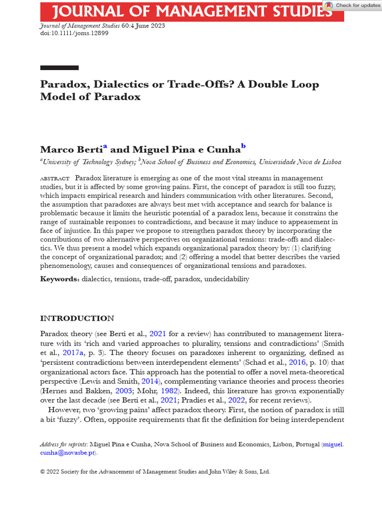 J Management Studies - 2022 - Berti - Paradox Dialectics or Trade Offs ...