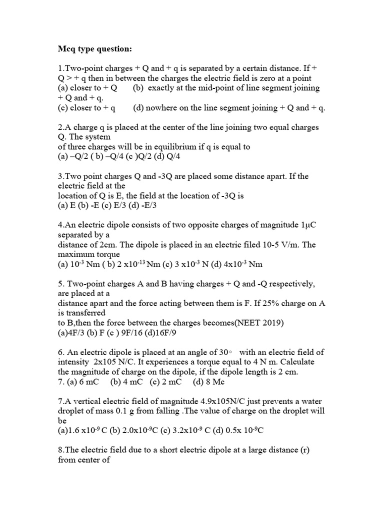 Worksheet (Electric Force and Field) | PDF | Dipole | Electric Field