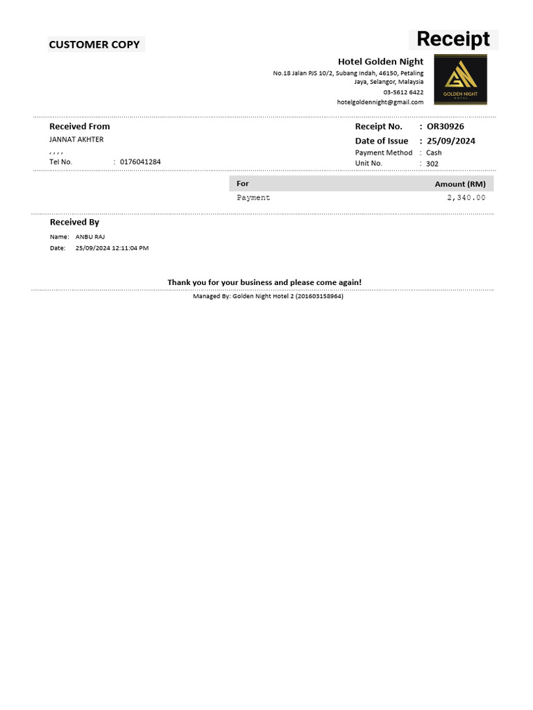 Hotel Golden Night Receipt - 25/09/2024 | PDF