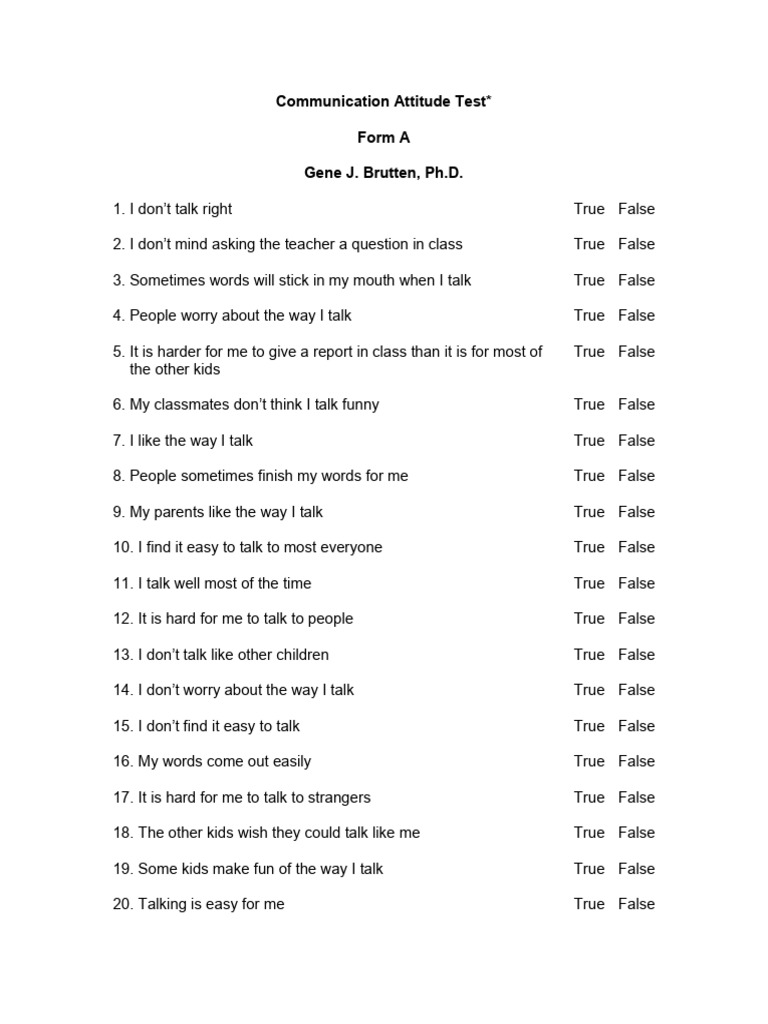 Communication Attitude Test Form A | PDF