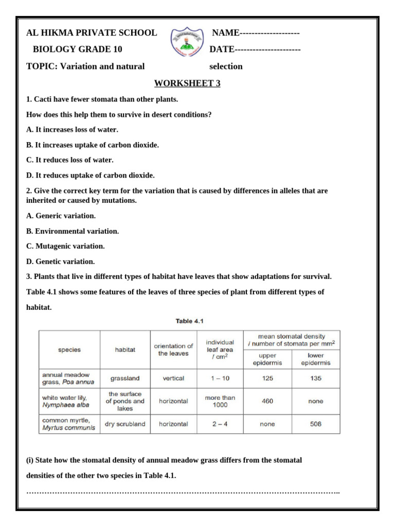 WS 3 Grade 10 Variation and Natural Selection | PDF | Stoma | Biology