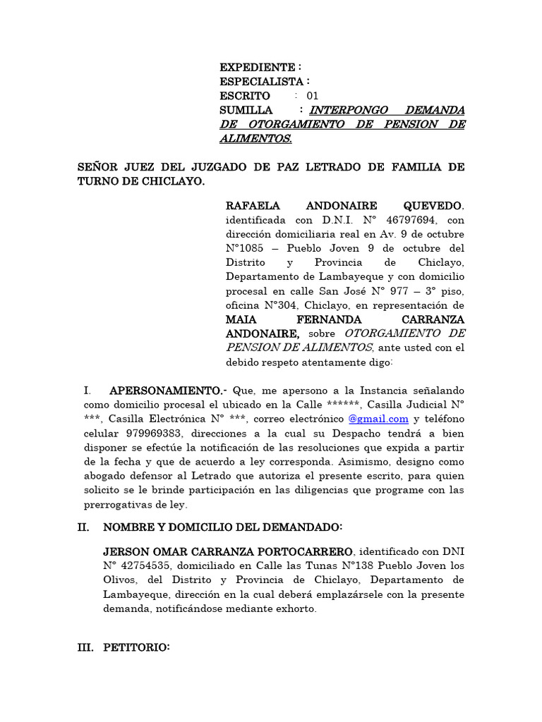 Interpongo Demanda de Otorgamiento de Pension de Alimentos. | PDF | Pensión alimenticia