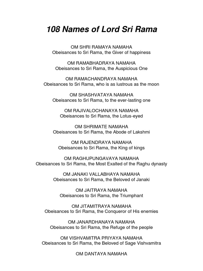 108 Names of Lord Sri Rama | PDF | Rama | Hindu Philosophy