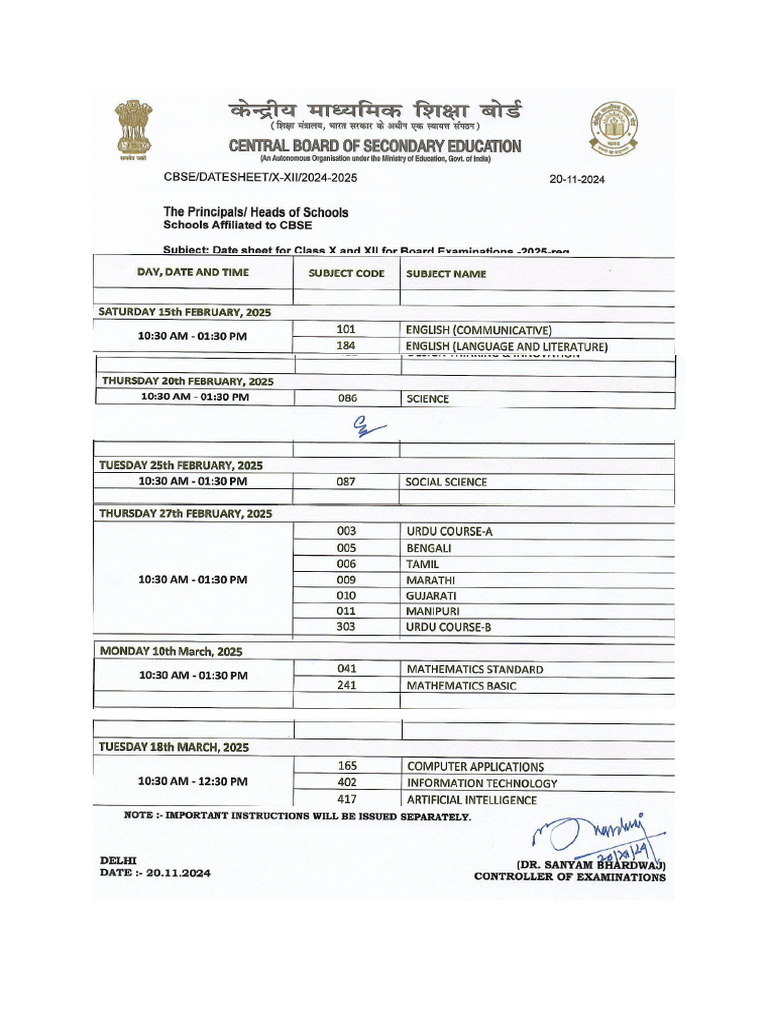 Cbse 2005 Date Sheet | PDF