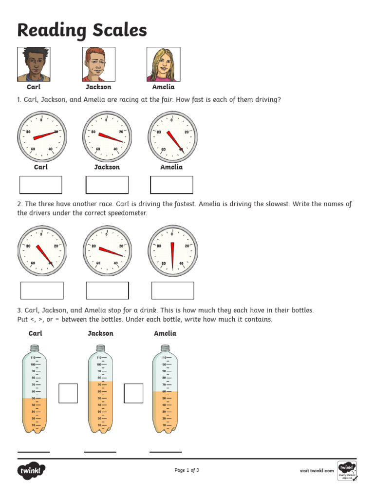 Worksheet (Readign Scales Word Problems) | PDF