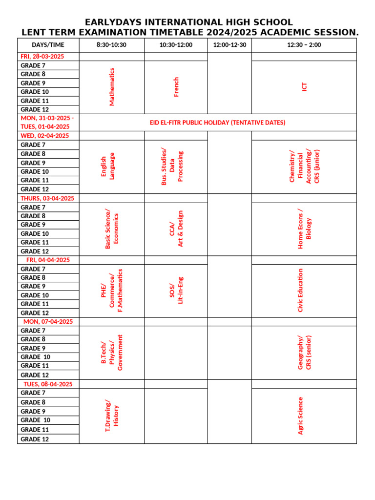 Lent Term Examination Time Table 2024-2025 Academic Session | PDF | Secondary Education | Childhood