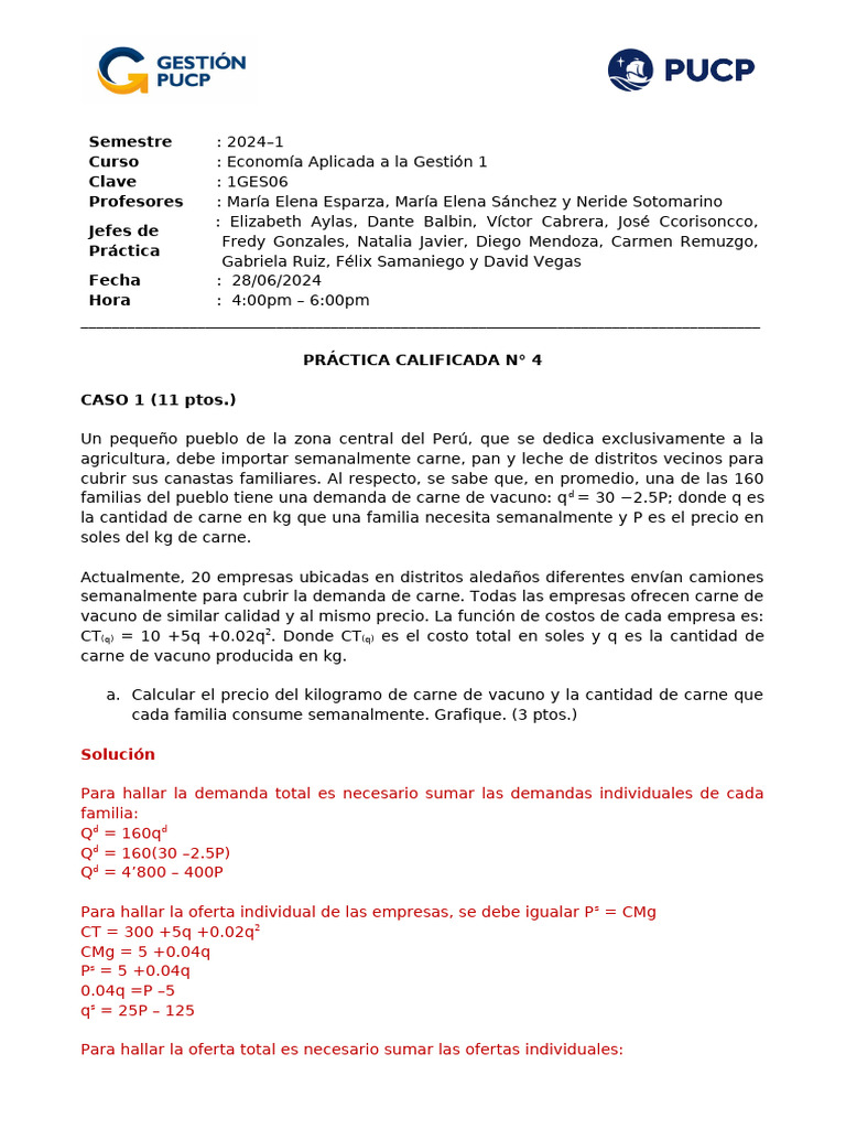 Eco1 PC04 2024.1 Solucionario | PDF | Monopolio | Mercado (economía)