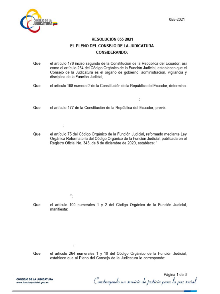 RESOLUCIÓN 055-2021 El Pleno Del Consejo de La Judicatura Considerando: Que | PDF | Judicaturas ...