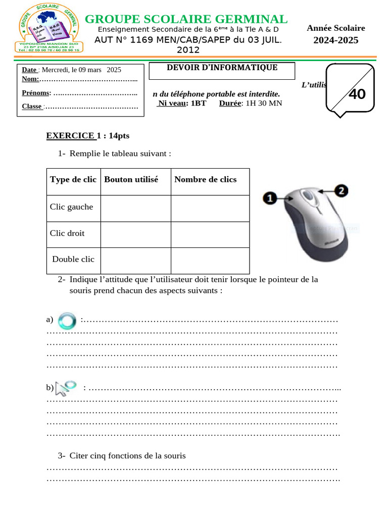 DEVOIR 1BT 09 04 25 | PDF