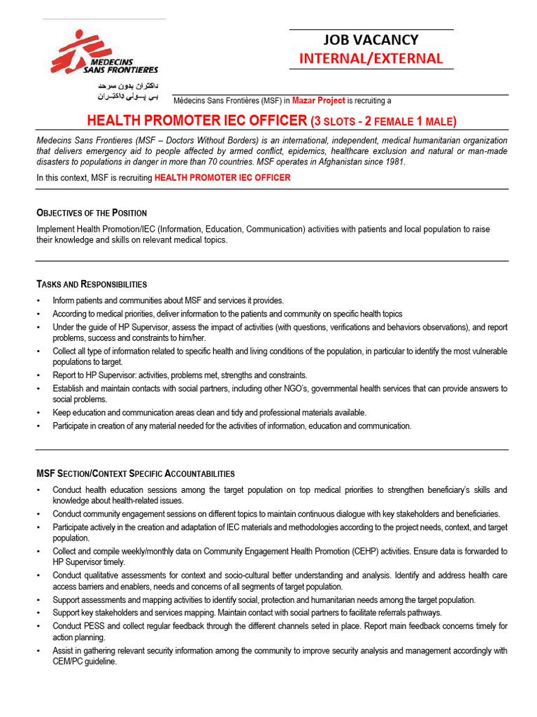 MSF Health Promoter IEC Officer Roles | PDF | Médecins Sans Frontières