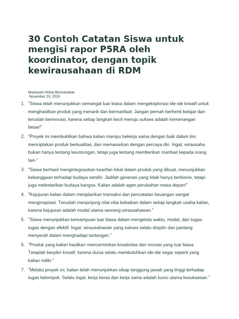 30 Contoh Catatan Siswa Untuk Mengisi Rapor P5RA Oleh Koordinator | PDF