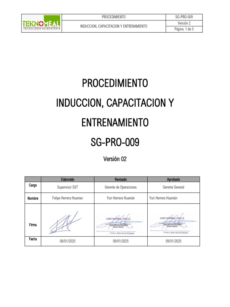 SG-PRO-009 Induccion, Capacitacion y Entrenamiento | PDF | Creación de capacidad | Seguridad y ...