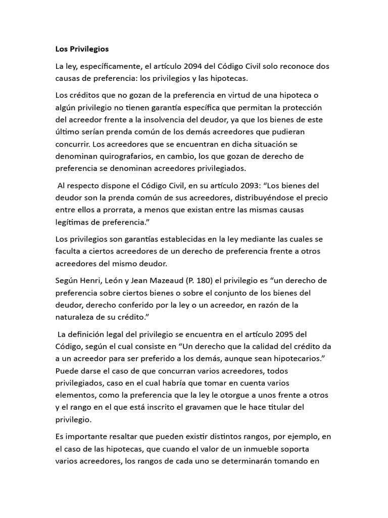 Privilegios en el Código Civil: Tipos y Clases | PDF | Pagos | Ley de ...