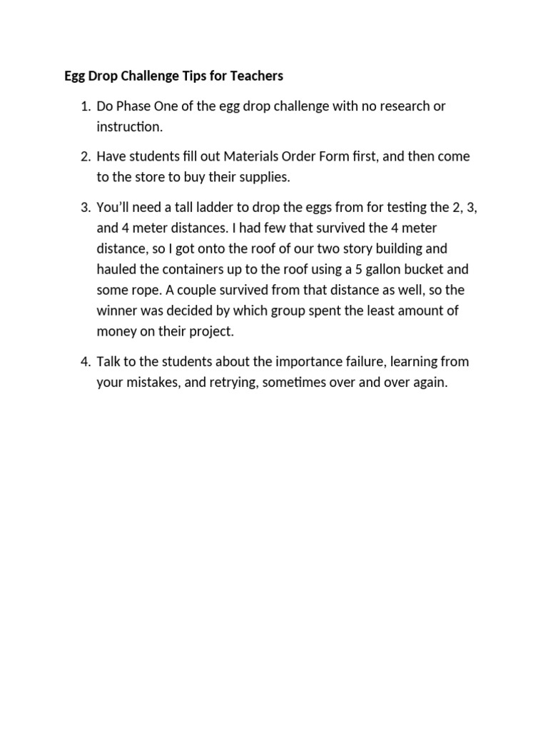 Egg Drop Challenge Tips For Teachers | PDF
