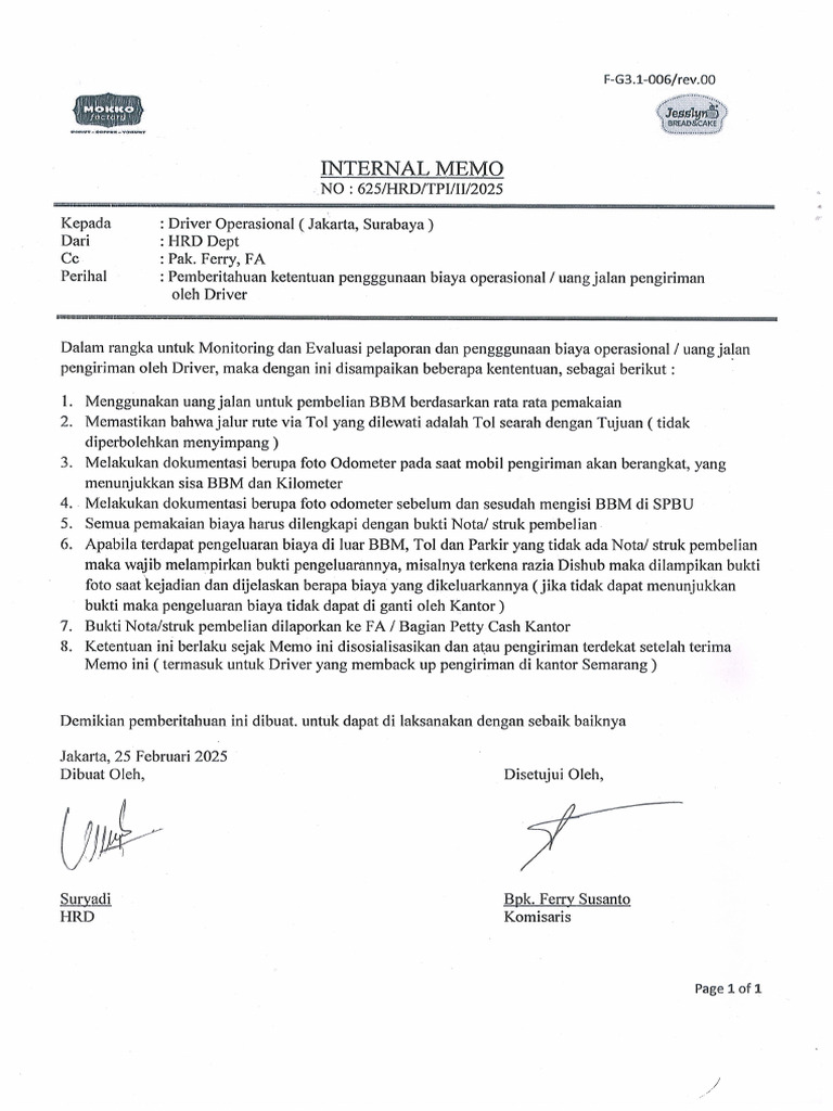 INTERNAL MEMO - Ketentuan Uang Jalan Driver | PDF