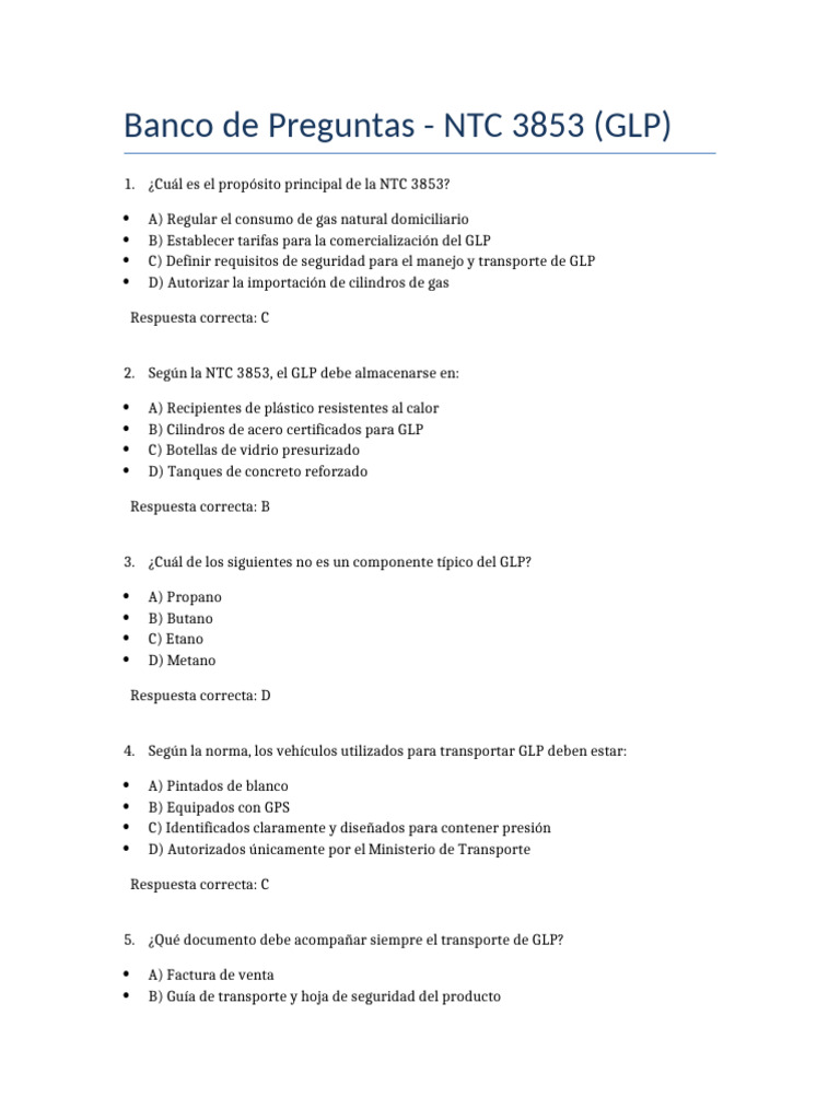 NTC 3853 Preguntas 1 20 | PDF | Gas de petróleo licuado | Gases