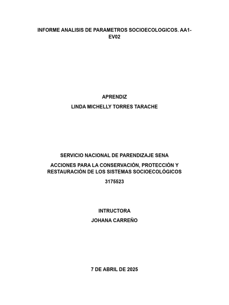 Informe Analisis de Parametros Socioecologicos-Linda Torres | PDF | Sustentabilidad | Entorno ...