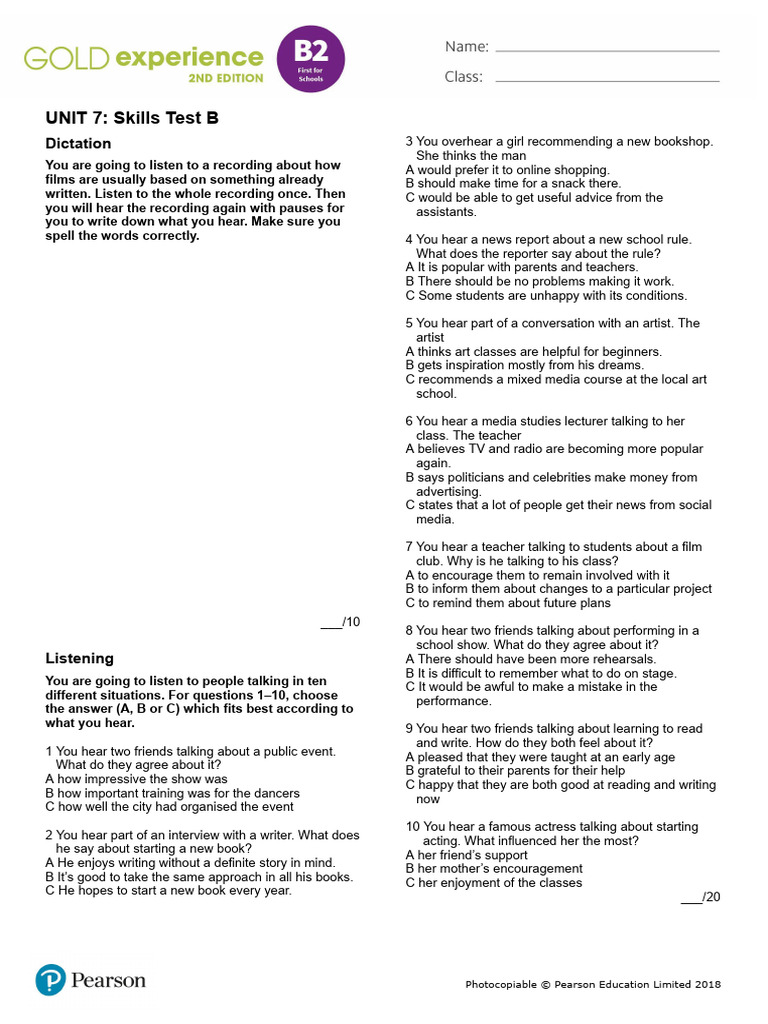 Gold Experience B2 Unit 7 Test | PDF | Charles Dickens