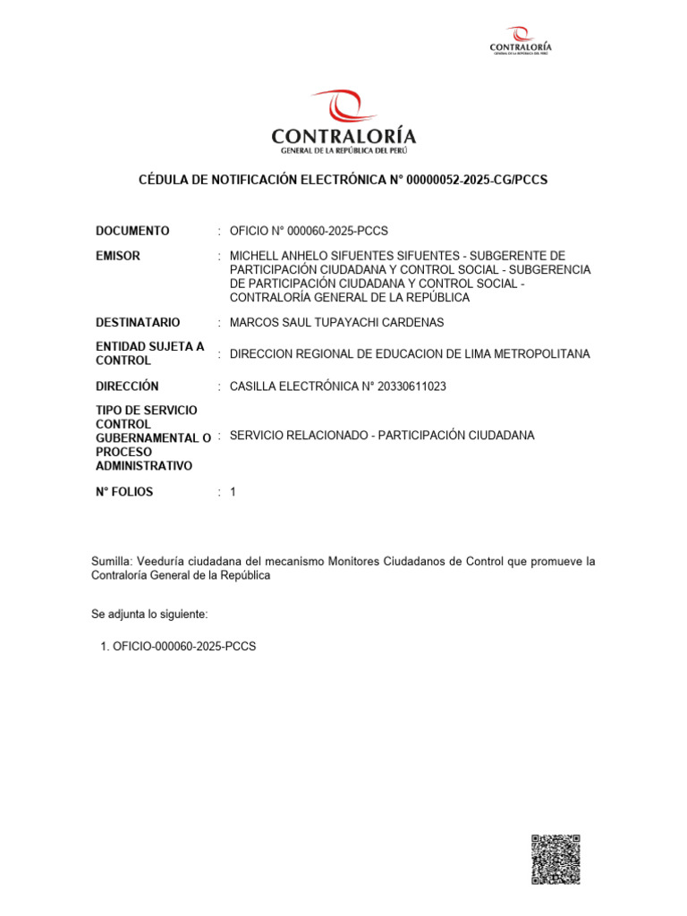 Lima - Notificaciã - N - Oficio-000060-2025-Pccs | PDF | Gobierno