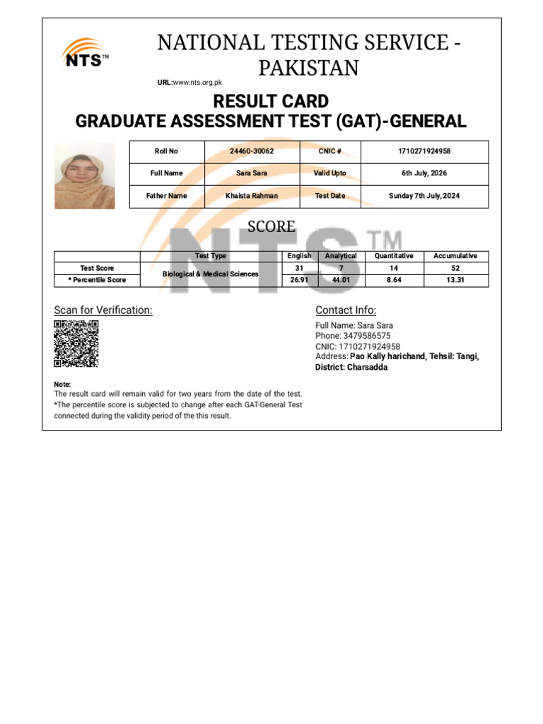 GAT-General Result Card for Sara | PDF
