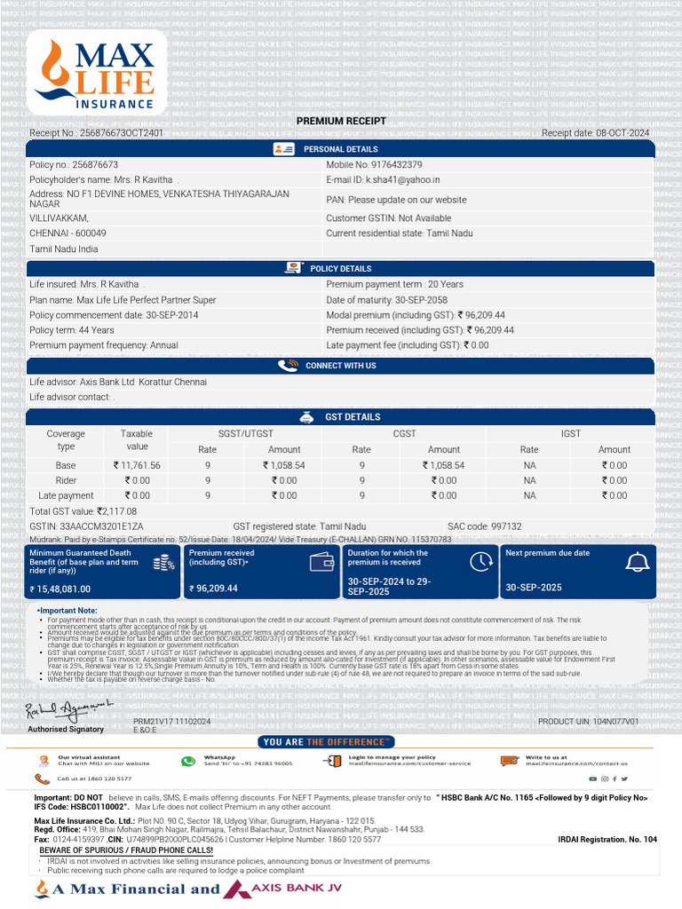 Max Life Insurance Premium Receipt | PDF | Insurance | Value Added Tax