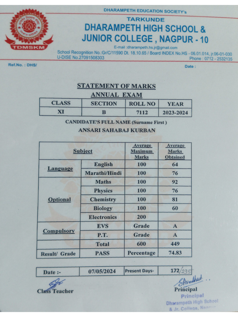 Class 11th Mark Sheet | PDF