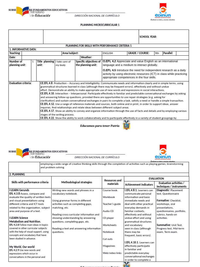 Microcurricular Planning 9 TH | PDF | English As A Second Or Foreign Language | Learning