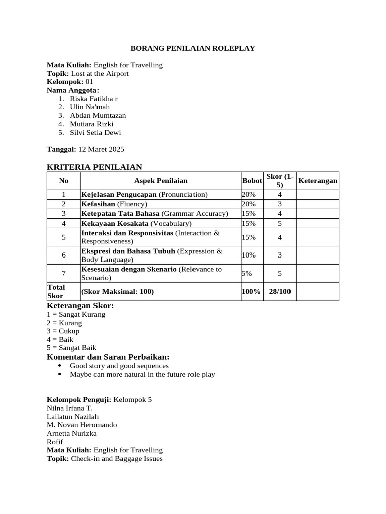 Penilaian Roleplay English Travelling | PDF