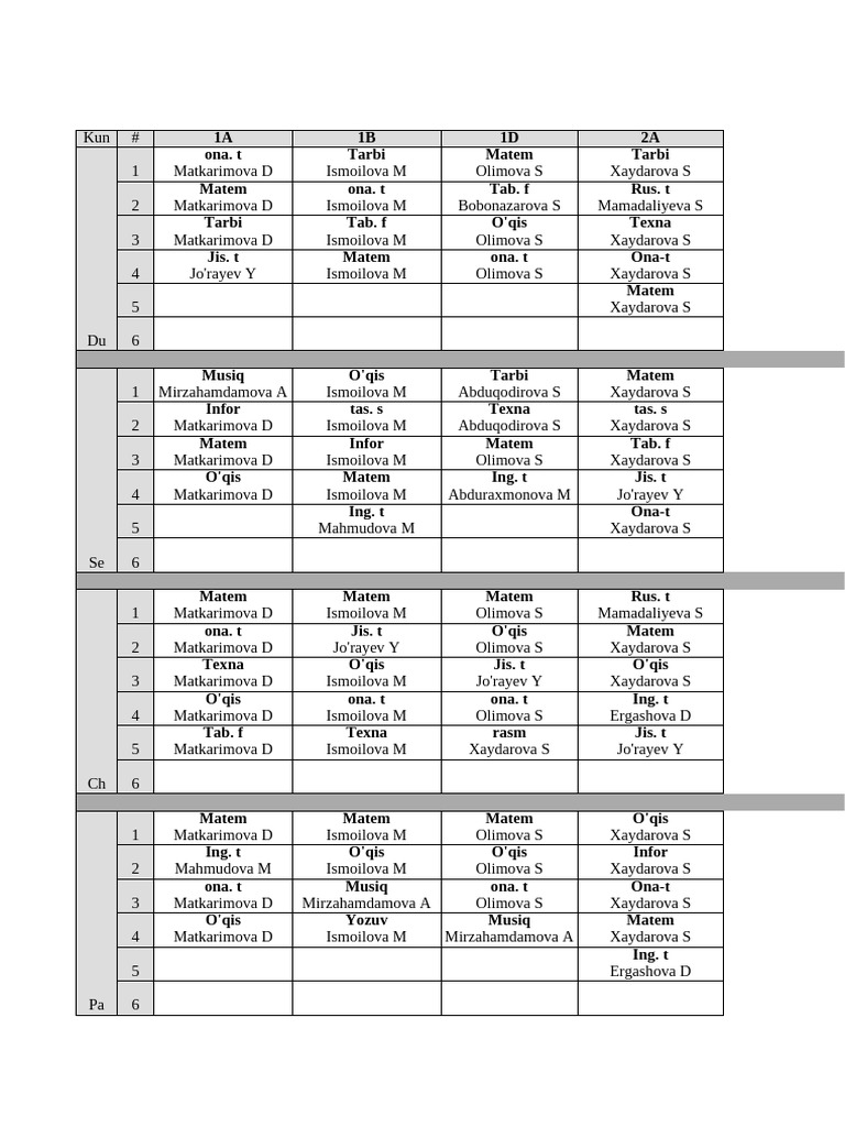 2025-Yil Dars Jadval 4-Chorak | PDF