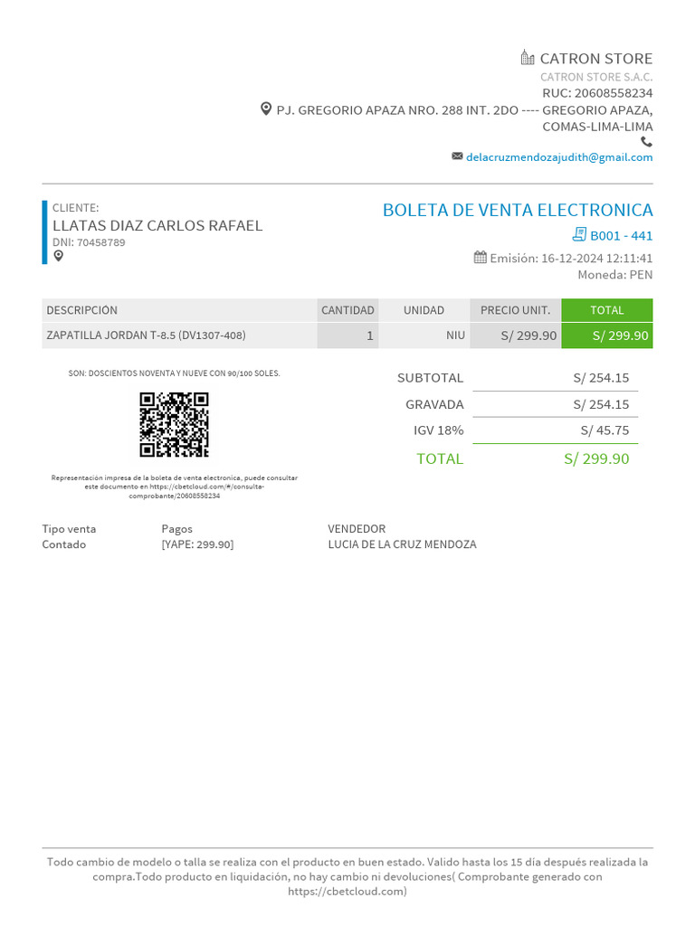 Boleta de Venta Electronica: Catron Store | PDF