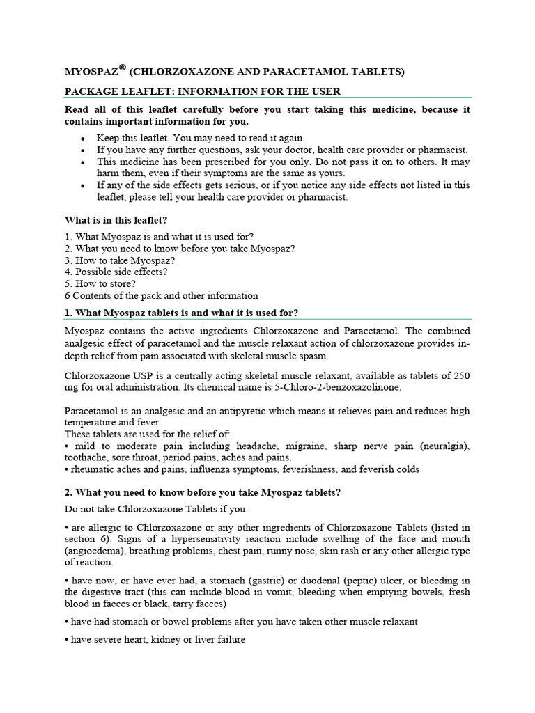 Myospaz Tablets Chlorzoxazone_250mg and Paracetamol_500mg_PIL | PDF ...