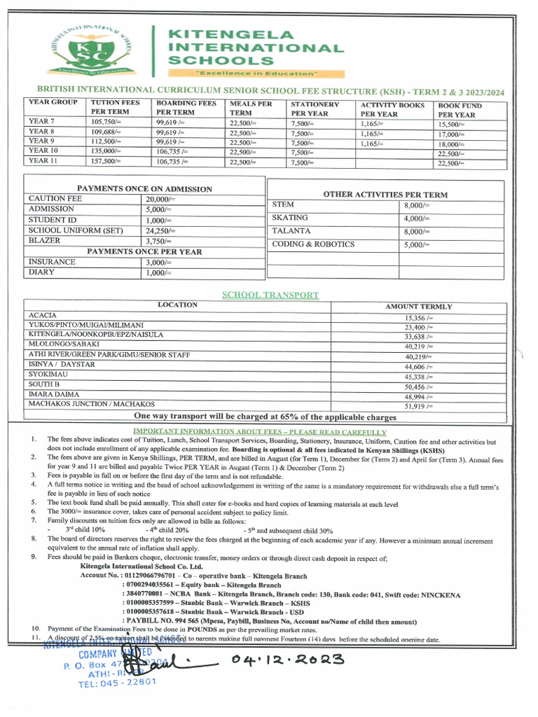 KISC BIC Senior Fee Structure 2024 | PDF
