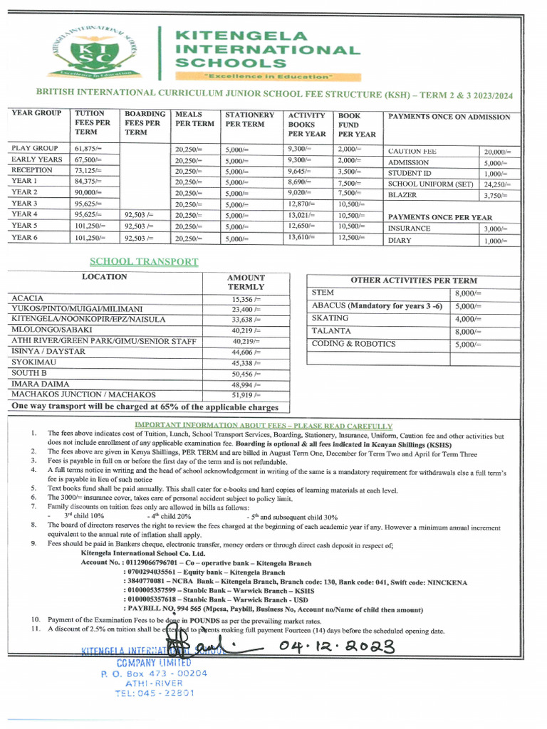 KISC BIC Junior Fee Structure 2024 | PDF