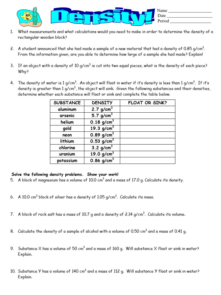 density worksheet | PDF