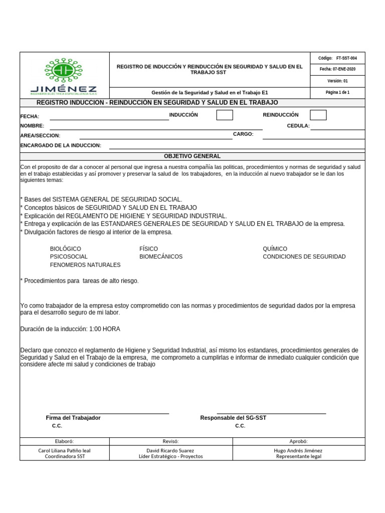 FT-SST-004 Registro de Inducción y Reinducción en SST | PDF | Valores