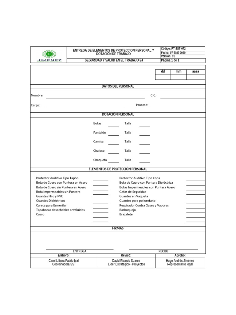 FT-SST-060 Entrega EPP y Dotación Del Trabajo | PDF | Softlines (venta minorista) | Moda