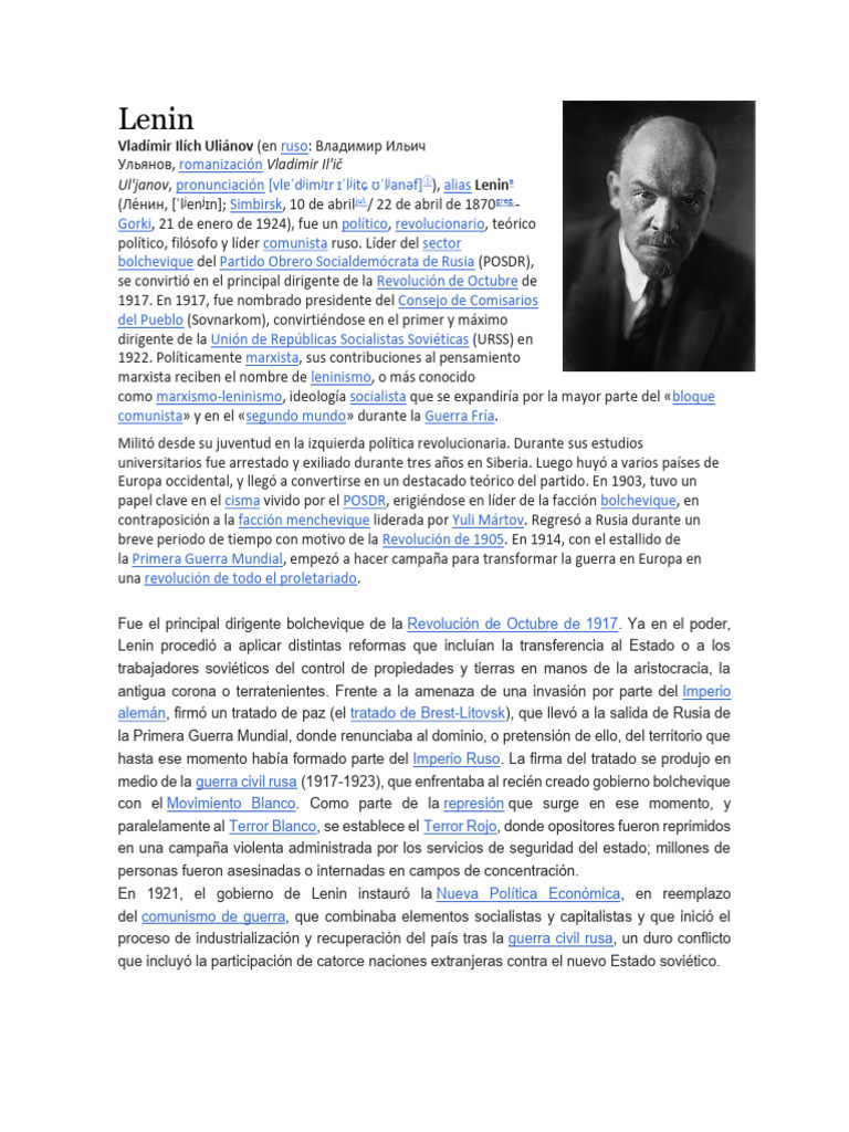 Biografia de Lenin | PDF | Vladimir Lenin | Bolcheviques