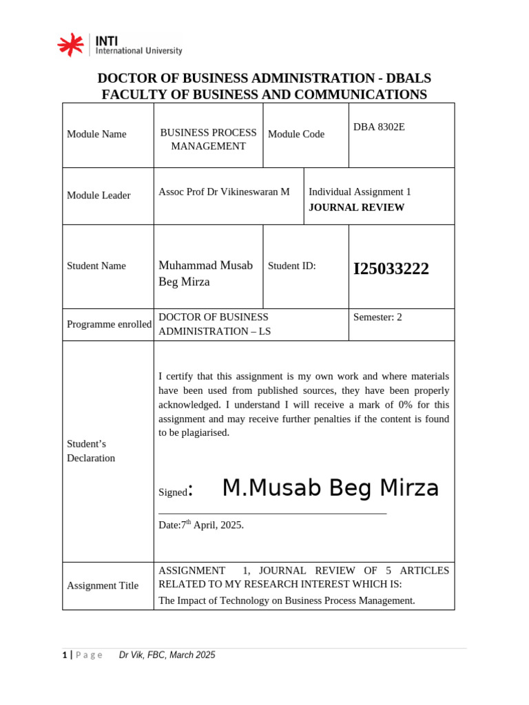DBA BPM Musab Mirza Student ID I25033222 ASSIGNMENT 1 | PDF | Business Process Management ...