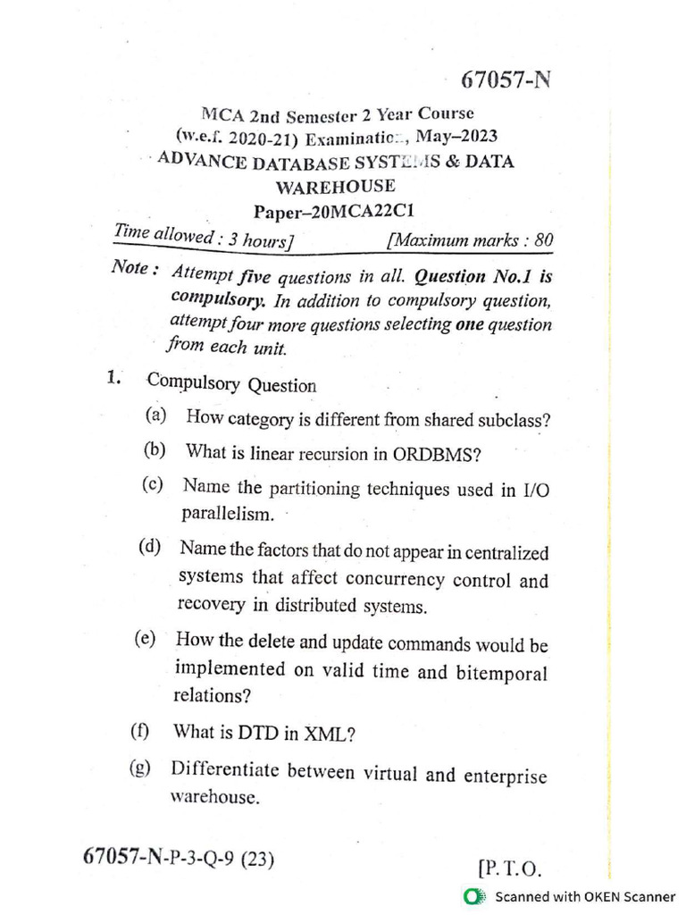 2023-MCA 2nd Semester (W.e.f. 2020-21) - ADVANCE DATABASE SYSTEMS & DATA WAREHOUSE Paper ...