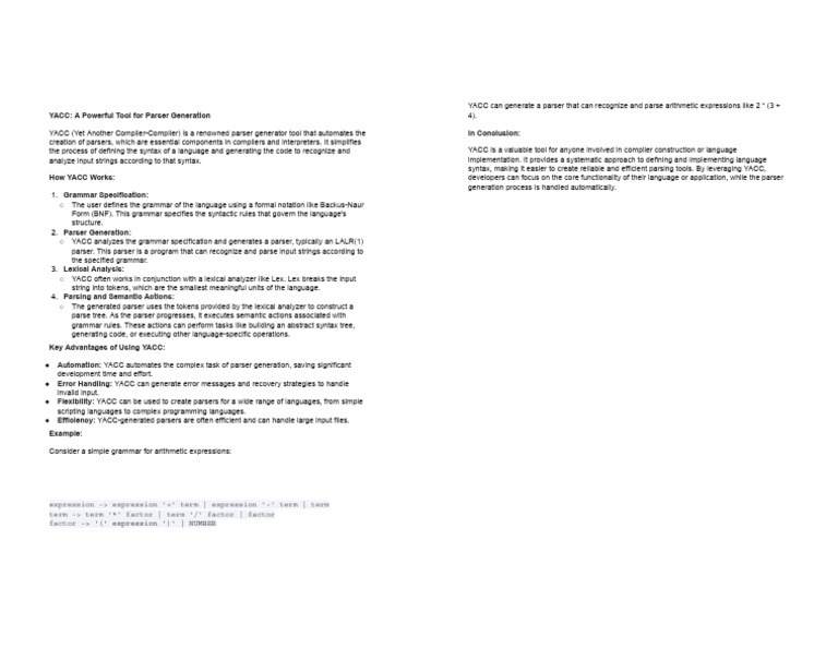 Explain the usage of YACC parser generator in con... - Google Docs | PDF | Parsing | Computing