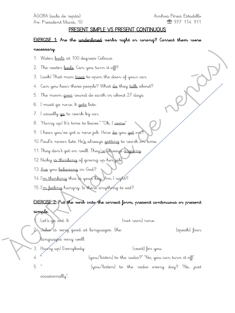Present Simple vs Continuous Exercises | PDF