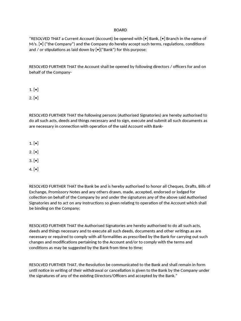 Text Board Resolution Account Opening | PDF