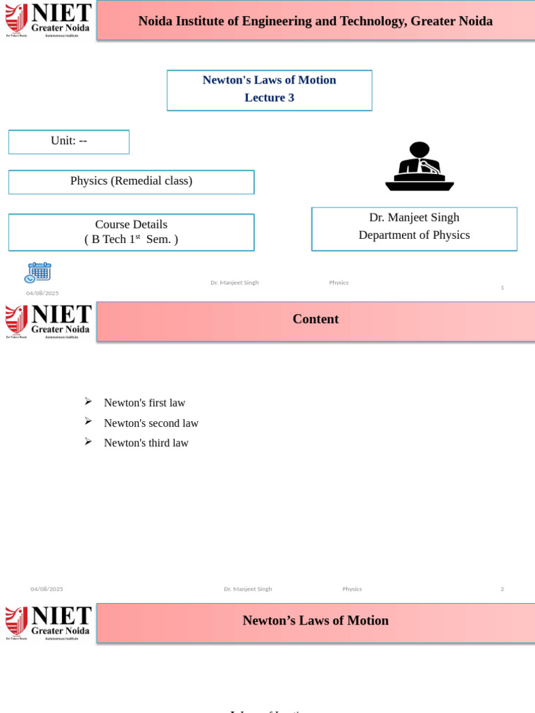 3 Newtons Law Lecture 3_100149 | PDF | Force | Inertia