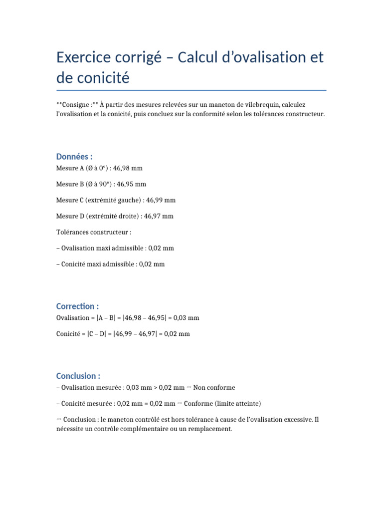 Calcul d'ovalisation et de conicité | PDF
