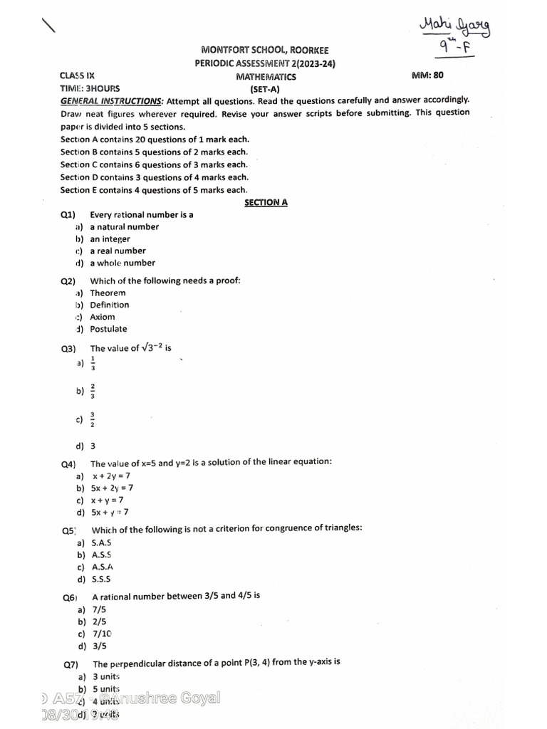 Class 9 Mathematics Question Paper (Last Year's) | PDF