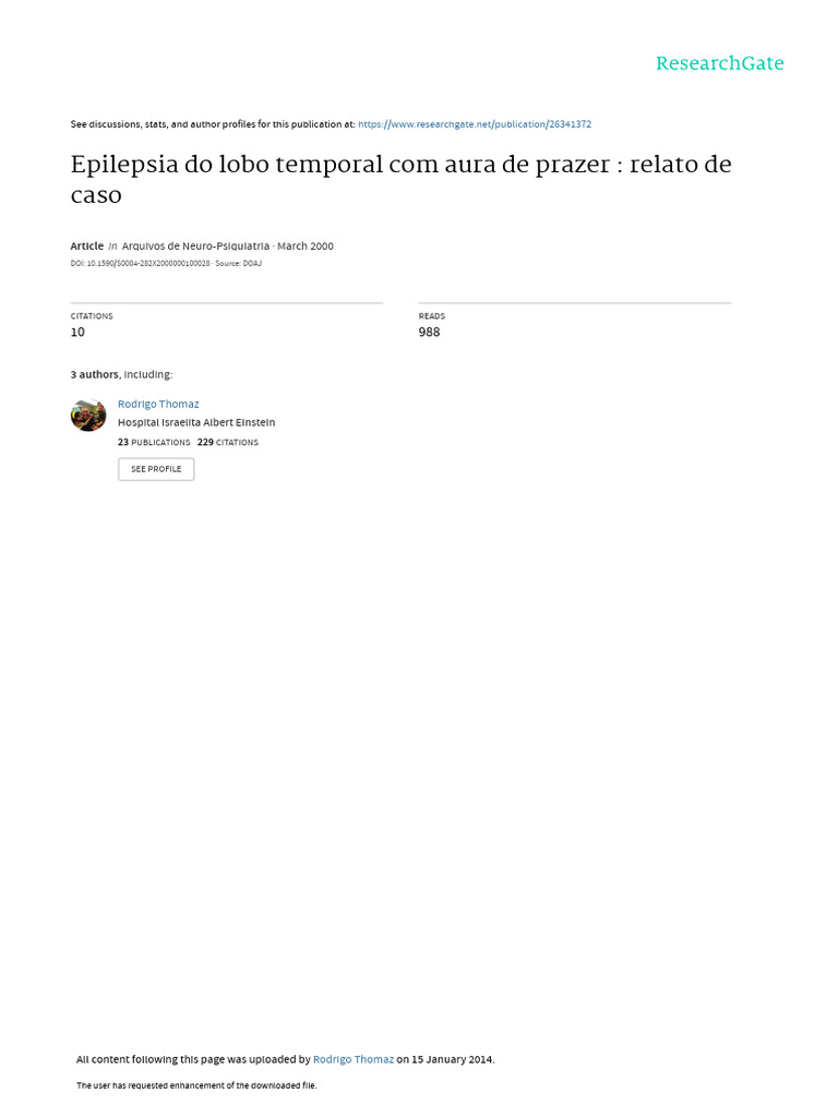 Epilepsia Do Lobo Temporal Com Aura de Prazer Rela | PDF | Epilepsia ...